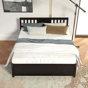 prohon queen size platform bed frame with horizontal strip design headboard, strong wooden slat support with large underbed storage space, simple style bedframe for kids, teen, adults, espresso