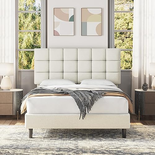 Yaheetech Full Upholstered Bed Frame, Platform Bed Frame with Square Tufted Fabric Headboard Height Adjustable, Wooden Slats Support, No Box Spring Needed, Beige