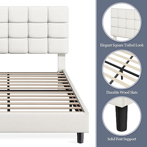 Yaheetech Full Upholstered Bed Frame, Platform Bed Frame with Square Tufted Fabric Headboard Height Adjustable, Wooden Slats Support, No Box Spring Needed, Beige