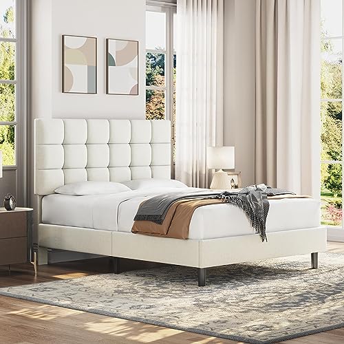 Yaheetech Full Upholstered Bed Frame, Platform Bed Frame with Square Tufted Fabric Headboard Height Adjustable, Wooden Slats Support, No Box Spring Needed, Beige