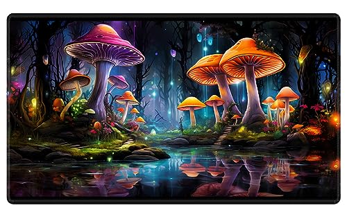 EDGFRTOIO Playmat 24" x 14" Game Mats Tabletop Magic for MTG/TCG Cards, Trading Card Game Playing Stitched Play Mats Commander Deck Gaming Desk Mat Card Gameplay Mats, Magic Mushroom Enchanted Forest