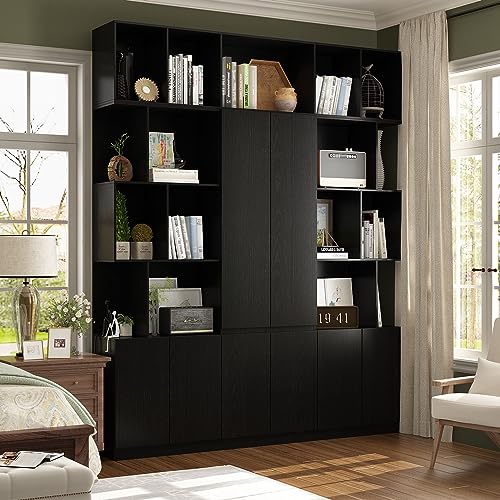 FAMAPY Bookshelf with Doors and Shelves, Wide Cube Storage Shelf Organizer, Bookcase with Book Shelves Shelving Units and Storage, Top Cube Storage, for Living Room Black (70.9”W x 11.8”D x 87”H)