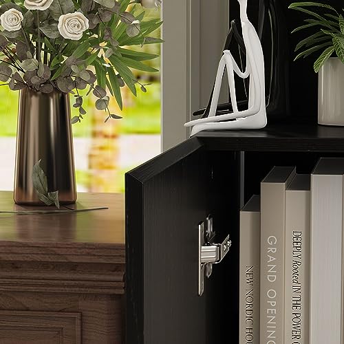 FAMAPY Bookshelf with Doors and Shelves, Wide Cube Storage Shelf Organizer, Bookcase with Book Shelves Shelving Units and Storage, Top Cube Storage, for Living Room Black (70.9”W x 11.8”D x 87”H)