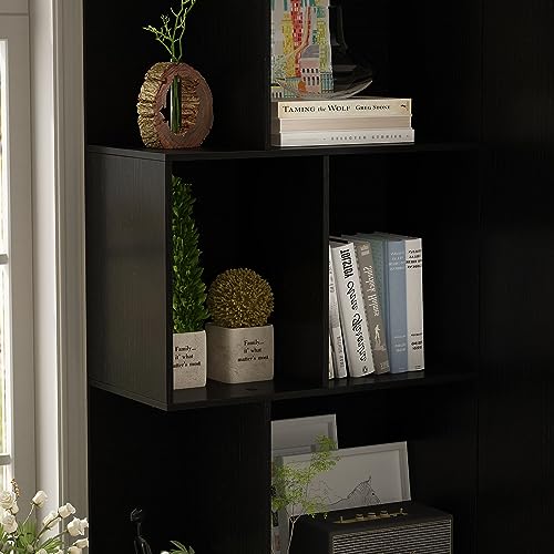 FAMAPY Bookshelf with Doors and Shelves, Wide Cube Storage Shelf Organizer, Bookcase with Book Shelves Shelving Units and Storage, Top Cube Storage, for Living Room Black (70.9”W x 11.8”D x 87”H)