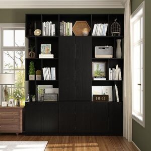 FAMAPY Bookshelf with Doors and Shelves, Wide Cube Storage Shelf Organizer, Bookcase with Book Shelves Shelving Units and Storage, Top Cube Storage, for Living Room Black (70.9”W x 11.8”D x 87”H)