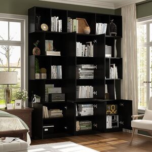 FAMAPY Bookshelf with Doors and Shelves, Wide Cube Storage Shelf Organizer, Bookcase with Book Shelves Shelving Units and Storage, Top Cube Storage, for Living Room Black (70.9”W x 11.8”D x 87”H)