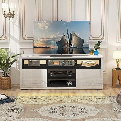 YITAHOME Modern LED TV Stand for 55", Entertainment Center with 5 Open Shelves, High Glossy Wood TV Console with 2 Storage Cabinet for Bedroom, Living Room, Gaming Media Stand, Black & White