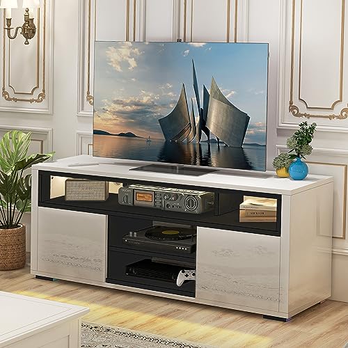 YITAHOME Modern LED TV Stand for 55", Entertainment Center with 5 Open Shelves, High Glossy Wood TV Console with 2 Storage Cabinet for Bedroom, Living Room, Gaming Media Stand, Black & White