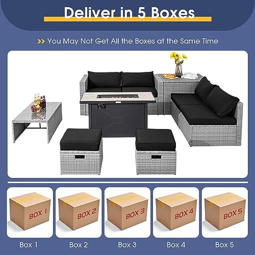 Tangkula 9 PCS Patio Furniture Set with 42” 60,000 BTU Fire Pit, Outdoor Space-Saving Sectional Sofa Set with Storage Box, CSA & ETL Approved Propane Fire Pit Table, Waterproof Covers Included (Black)