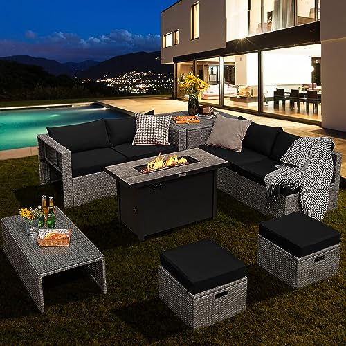 Tangkula 9 PCS Patio Furniture Set with 42” 60,000 BTU Fire Pit, Outdoor Space-Saving Sectional Sofa Set with Storage Box, CSA & ETL Approved Propane Fire Pit Table, Waterproof Covers Included (Black)