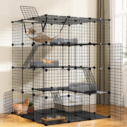 YITAHOME 4 Tier 55" Cat Cage Large Enclosures with Hammock Detachable Metal Wire Crate Kennels Indoor/Outdoor Small Animal House Fence for 1-4 Cats,DIY Pet Crate Playpen