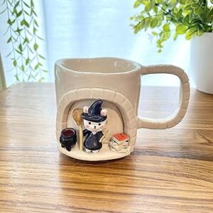 Witch cat and the cauldron. wizard world, magic white Handmade ceramic cup, Hand-painted mug, Unique Surprise gift for Christmas or Birthday. Dishwasher and Microwave safe