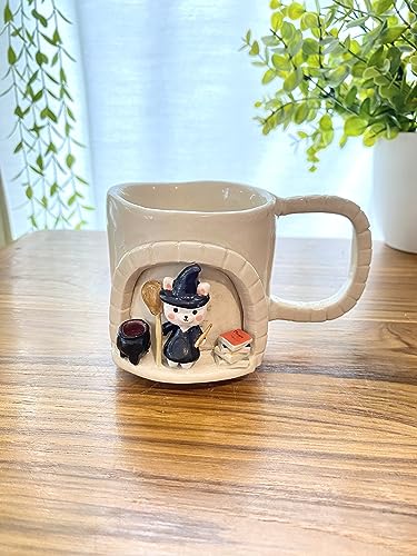 Witch cat and the cauldron. wizard world, magic white Handmade ceramic cup, Hand-painted mug, Unique Surprise gift for Christmas or Birthday. Dishwasher and Microwave safe