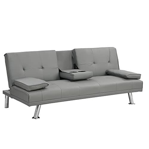 Eafurn Convertible Futon Bed, Soft Faxu Leather Upholstered Loveseat Adjustable Sleeper, Button Tufted Sofa & Couch with Removable Pillow Top Armrests and 2 Cup Holders, Gray PU