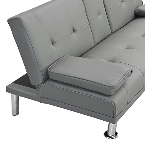 Eafurn Convertible Futon Bed, Soft Faxu Leather Upholstered Loveseat Adjustable Sleeper, Button Tufted Sofa & Couch with Removable Pillow Top Armrests and 2 Cup Holders, Gray PU