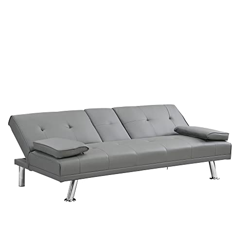 Eafurn Convertible Futon Bed, Soft Faxu Leather Upholstered Loveseat Adjustable Sleeper, Button Tufted Sofa & Couch with Removable Pillow Top Armrests and 2 Cup Holders, Gray PU