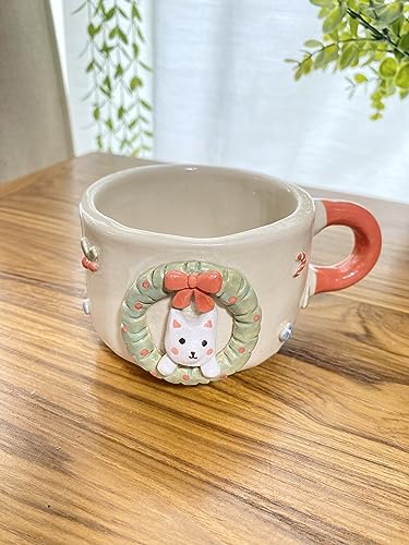 Christmas and the santa cat cup. Handmade ceramic cup, Hand-painted mug, Unique Surprise gift for Christmas or Birthday. Dishwasher and Microwave safe