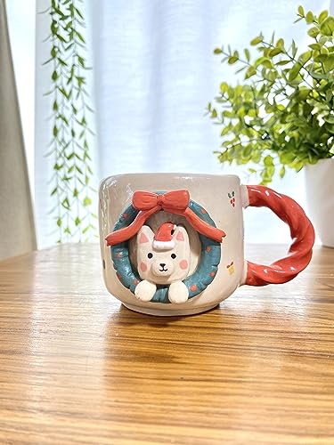 Christmas and the santa cat cup. Handmade ceramic cup, Hand-painted mug, Unique Surprise gift for Christmas or Birthday. Dishwasher and Microwave safe