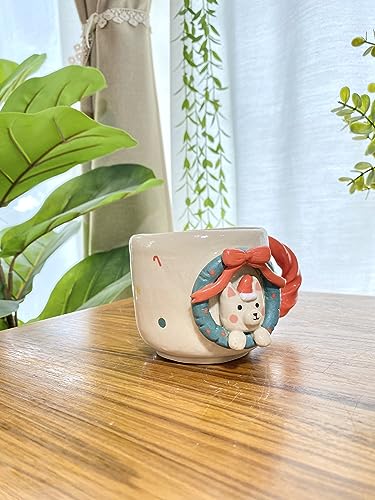 Christmas and the santa cat cup. Handmade ceramic cup, Hand-painted mug, Unique Surprise gift for Christmas or Birthday. Dishwasher and Microwave safe