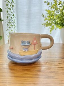 adorable journey cat. cute handmade ceramic cup, hand-painted mug, unique surprise gift for christmas or birthday. dishwasher and microwave safe