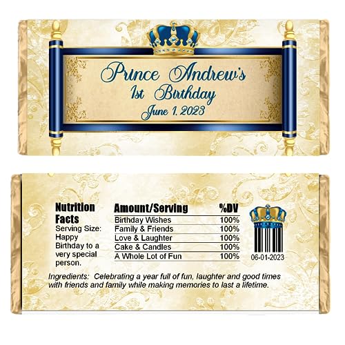 Prince Party Favors, Personalized Candy Wrappers for Chocolate, Baby Shower, Pack of 20 Custom Hershey Bar Labels (Blue)