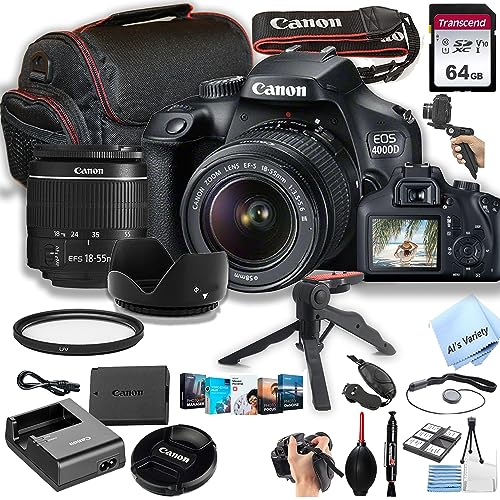 Canon EOS 4000D / Rebel T100 DSLR Camera w/EF-S 18-55mm F/3.5-5.6 Zoom Lens + 64GB Memory, Case, Gripster Tripodpod, and More (26pc Bundle) (Renewed)