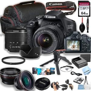 canon eos 2000d / rebel t7 dslr camera w/ef-s 18-55mm f/3.5-5.6 zoom lens + 64gb memory, macro + 2x len, case, gripster tripodpod, and more (28pc bundle) (renewed)