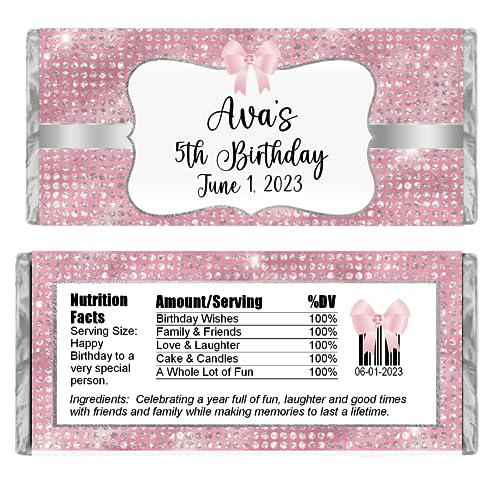 Personalized Candy Wrappers for Chocolate, Birthday Party Favors, Pack of 20 Custom Hershey Bar Labels (Pink)