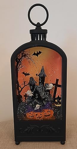 Gerson Lighted Halloween Water Lantern Snow Globe with Continuous Swirling Glitter - Haunted House Scene Ghosts Pumpkins