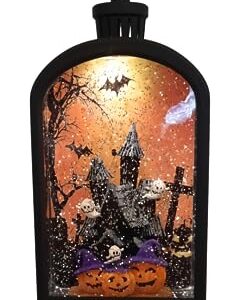 Gerson Lighted Halloween Water Lantern Snow Globe with Continuous Swirling Glitter - Haunted House Scene Ghosts Pumpkins