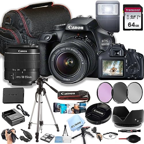 Canon EOS 4000D / Rebel T100 DSLR Camera w/EF-S 18-55mm F/3.5-5.6 Zoom Lens + 64GB Memory, Filters,Case, Tripod, Flash, and More (34pc Bundle) (Renewed)