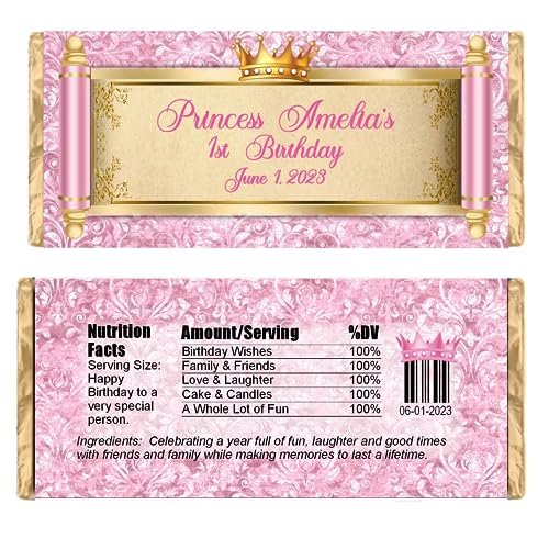 Princess Party Favors, Personalized Candy Wrappers for Chocolate, Baby Shower, Pack of 20 Custom Hershey Bar Labels (Pink)