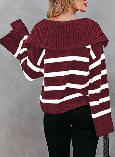 SHEWIN Womens Fashion Sexy V Neck Sweater Casual Bell Sleeve Cute Knit Tops Lapel Collar Winter Clothes for Women 2023 Biking Red Large