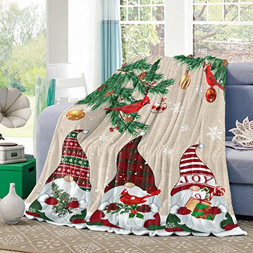 Throw Blanket- Christmas Gnomes Elf Soft Warm Plush Fleece Bed Throw,50x60In Flannel Blankets Xmas Pine Tree Red Cardinal Snowflake Bedding Throws for Women/Men Bedroom Living Room Office Retro Linen