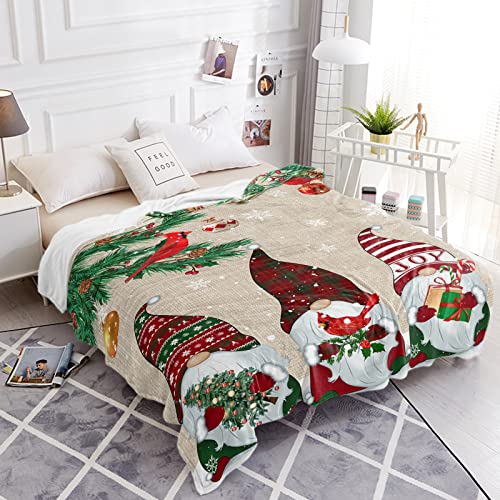 Throw Blanket- Christmas Gnomes Elf Soft Warm Plush Fleece Bed Throw,50x60In Flannel Blankets Xmas Pine Tree Red Cardinal Snowflake Bedding Throws for Women/Men Bedroom Living Room Office Retro Linen