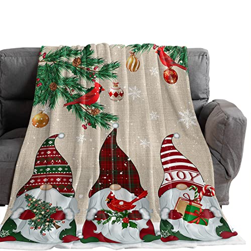 Throw Blanket- Christmas Gnomes Elf Soft Warm Plush Fleece Bed Throw,50x60In Flannel Blankets Xmas Pine Tree Red Cardinal Snowflake Bedding Throws for Women/Men Bedroom Living Room Office Retro Linen