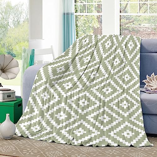 Throw Blanket- Abstract Geometric Soft Warm Plush Fleece Bed Throw,50x60In Flannel Blankets Saga Green White Diamond Squares Bedding Throws for Women/Men Bedroom Living Room Office Decor Minimalist