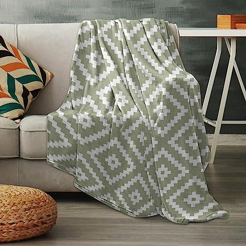 Throw Blanket- Abstract Geometric Soft Warm Plush Fleece Bed Throw,50x60In Flannel Blankets Saga Green White Diamond Squares Bedding Throws for Women/Men Bedroom Living Room Office Decor Minimalist