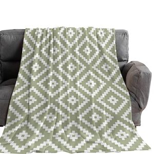 Throw Blanket- Abstract Geometric Soft Warm Plush Fleece Bed Throw,50x60In Flannel Blankets Saga Green White Diamond Squares Bedding Throws for Women/Men Bedroom Living Room Office Decor Minimalist