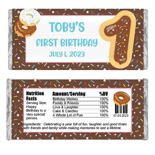 Personalized Candy Wrappers for Chocolate, Donut Birthday Party Favors, Pack of 20 Custom Hershey Bar Labels (Brown)