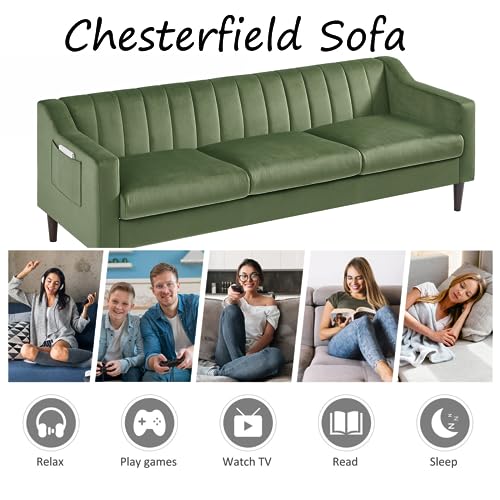 Altillo Modern 3 Seats Chesterfield Sofa Couch with Storage Side Pocket, Comfortable Upholstered Velvet Sofa with Wooden Wood Legs for Living Room Bedroom Office (Green)