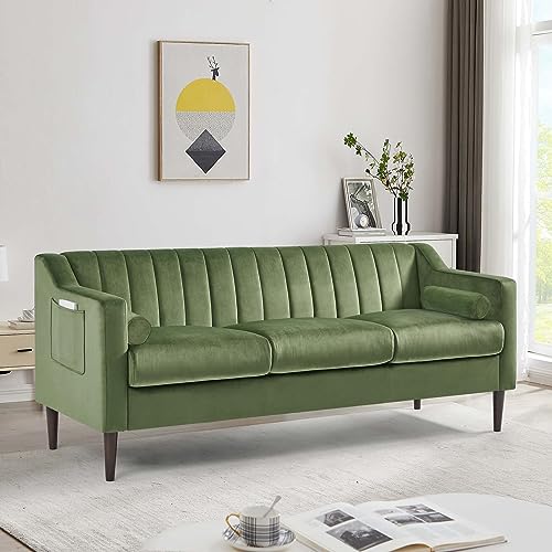 Altillo Modern 3 Seats Chesterfield Sofa Couch with Storage Side Pocket, Comfortable Upholstered Velvet Sofa with Wooden Wood Legs for Living Room Bedroom Office (Green)