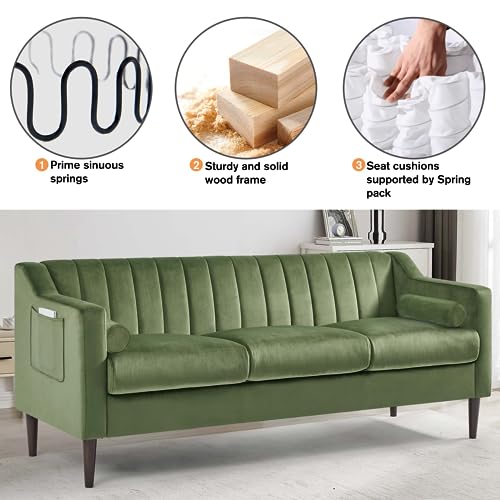 Altillo Modern 3 Seats Chesterfield Sofa Couch with Storage Side Pocket, Comfortable Upholstered Velvet Sofa with Wooden Wood Legs for Living Room Bedroom Office (Green)