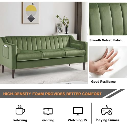 Altillo Modern 3 Seats Chesterfield Sofa Couch with Storage Side Pocket, Comfortable Upholstered Velvet Sofa with Wooden Wood Legs for Living Room Bedroom Office (Green)