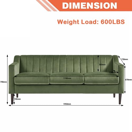 Altillo Modern 3 Seats Chesterfield Sofa Couch with Storage Side Pocket, Comfortable Upholstered Velvet Sofa with Wooden Wood Legs for Living Room Bedroom Office (Green)