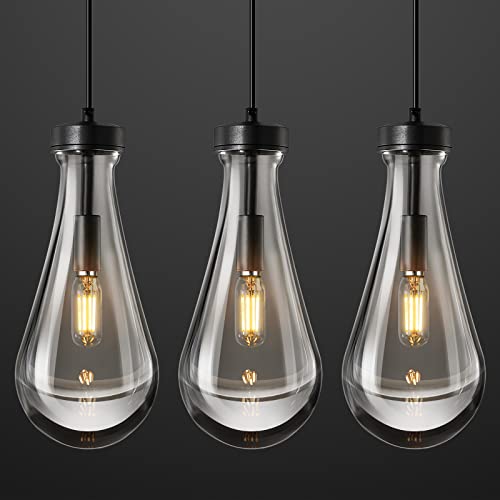 LIANGMH Raindrop Pendant Lights Kitchen Island Set of 3 Teardrop Black Hanging Light Fixtures Clear Solid Glass Pendant Light Modern Chandeliers for Dining Room Porch Corridor Living Room