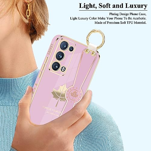 Kainevy Phone Case for Oppo Reno 6 Pro 5G Case Aesthetic Silicone Shockproof for Women Protector Cover Oppo Reno 6 Pro 5G Phone Case Slim with Ring Wrist Starp Maple Leaf Pattern Design (Purple)