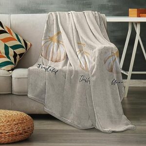 Throw Blanket- Thanksgiving Day Soft Warm Plush Fleece Bed Throw,50x60In Flannel Blankets Retro Pumpkins on Burlap Linen Bedding Throws for Women/Men Bedroom Living Room Office Decor Beige