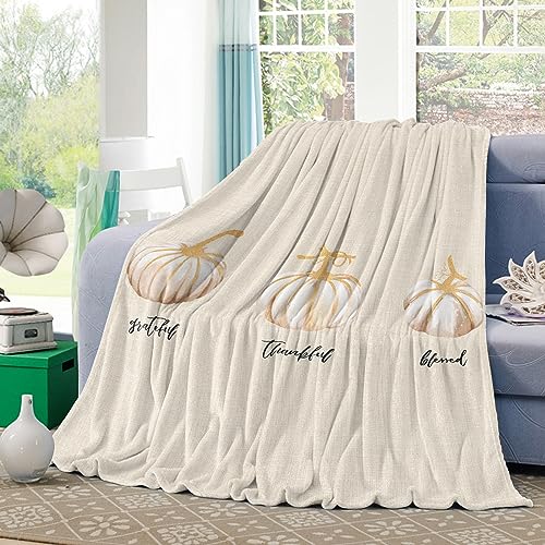 Throw Blanket- Thanksgiving Day Soft Warm Plush Fleece Bed Throw,50x60In Flannel Blankets Retro Pumpkins on Burlap Linen Bedding Throws for Women/Men Bedroom Living Room Office Decor Beige