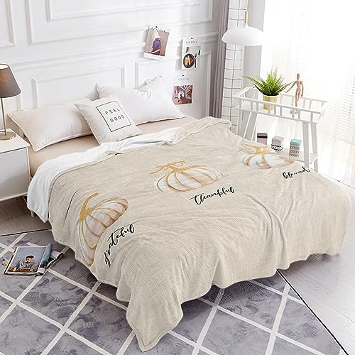 Throw Blanket- Thanksgiving Day Soft Warm Plush Fleece Bed Throw,50x60In Flannel Blankets Retro Pumpkins on Burlap Linen Bedding Throws for Women/Men Bedroom Living Room Office Decor Beige